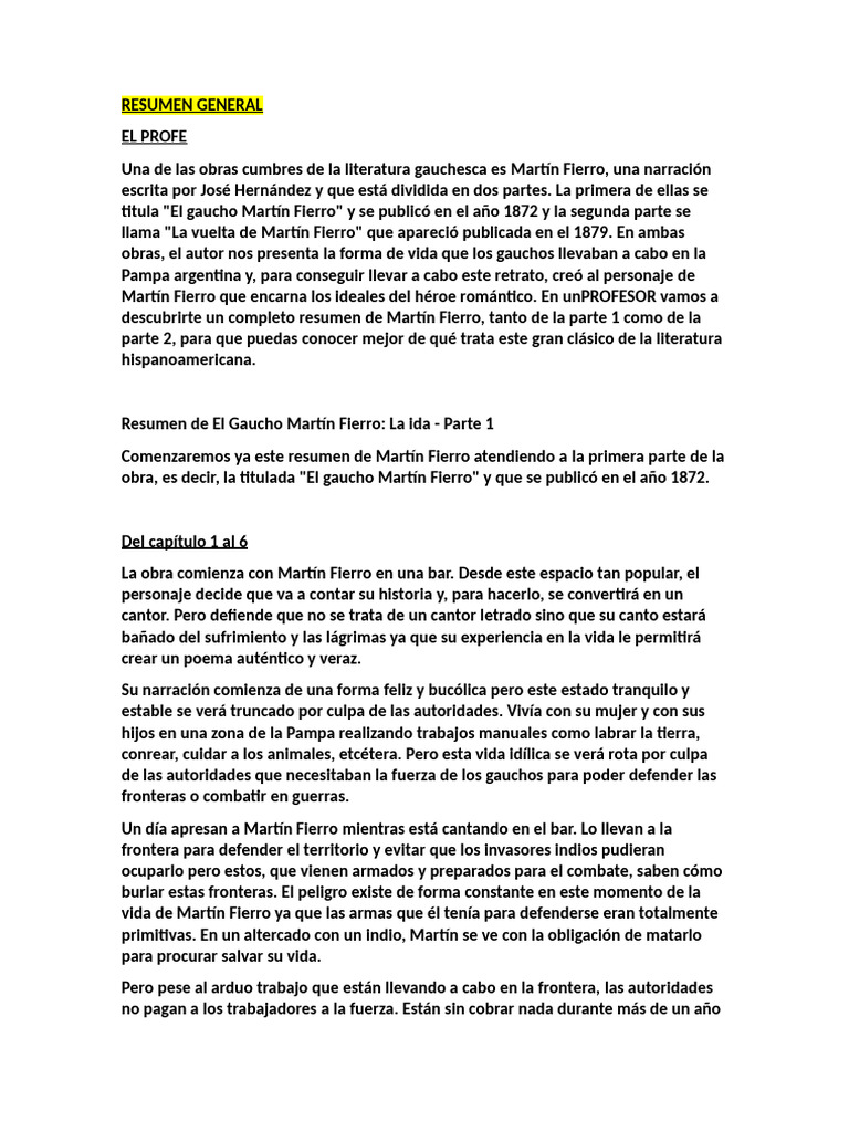 RESUMEN GENERAL Martin Fierro | PDF