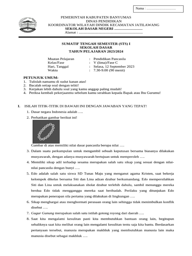 SOAL STS 1 PPKN KELAS 5 | PDF