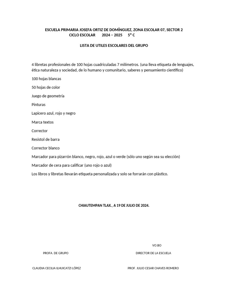 LISTA DE UTILES ESCOLARES 5oc 2024-2025 | PDF | Ciencias sociales | Arte