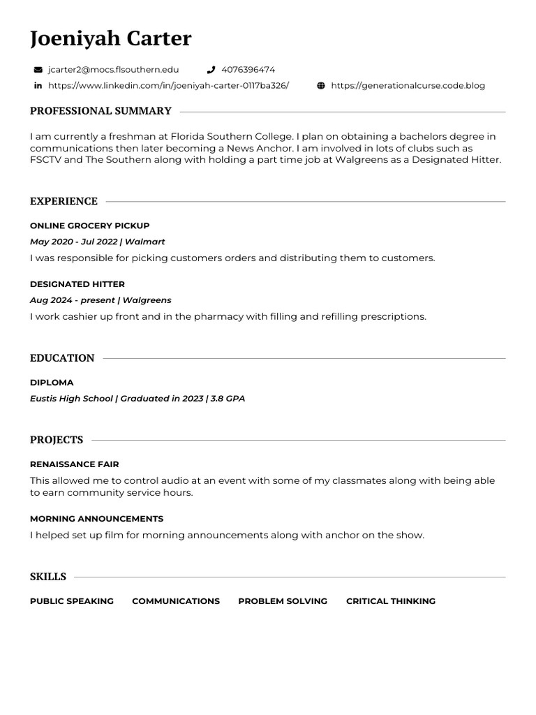 Joeniyah Carter: Professional Summary | PDF