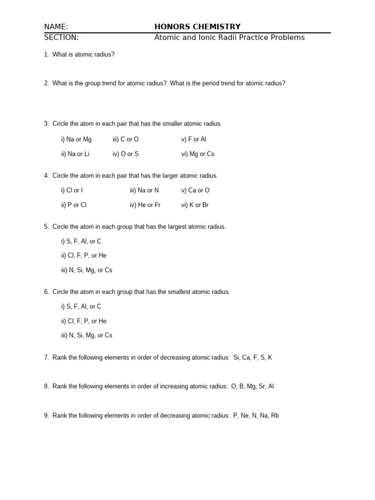 H Atomic & Ionic Radii Practice Problems | PDF