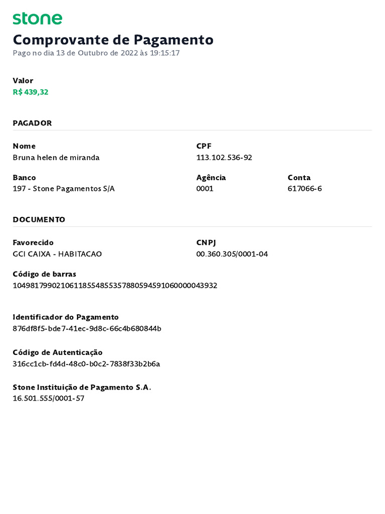 Comprovante de Pagamento de Boleto Stone | PDF