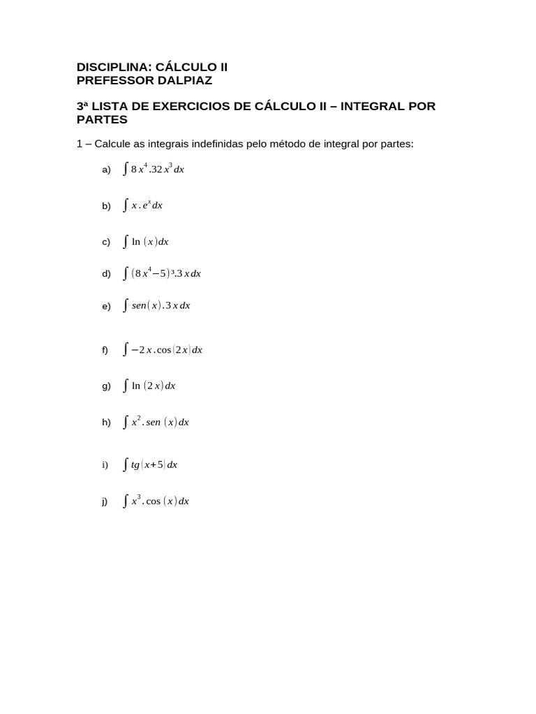 Lista 3 de Exercícios - Integral Por Partes - Cálculo 2 (1) | PDF