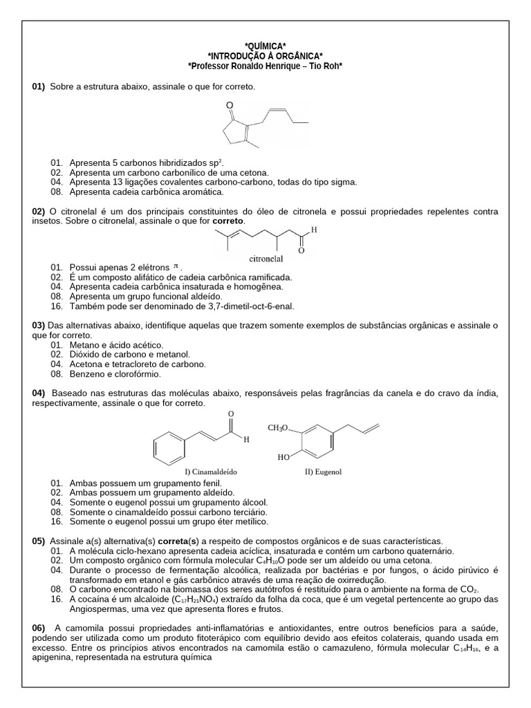 Lista - EAli LiBio - 01 - Introdução À Orgânica | PDF