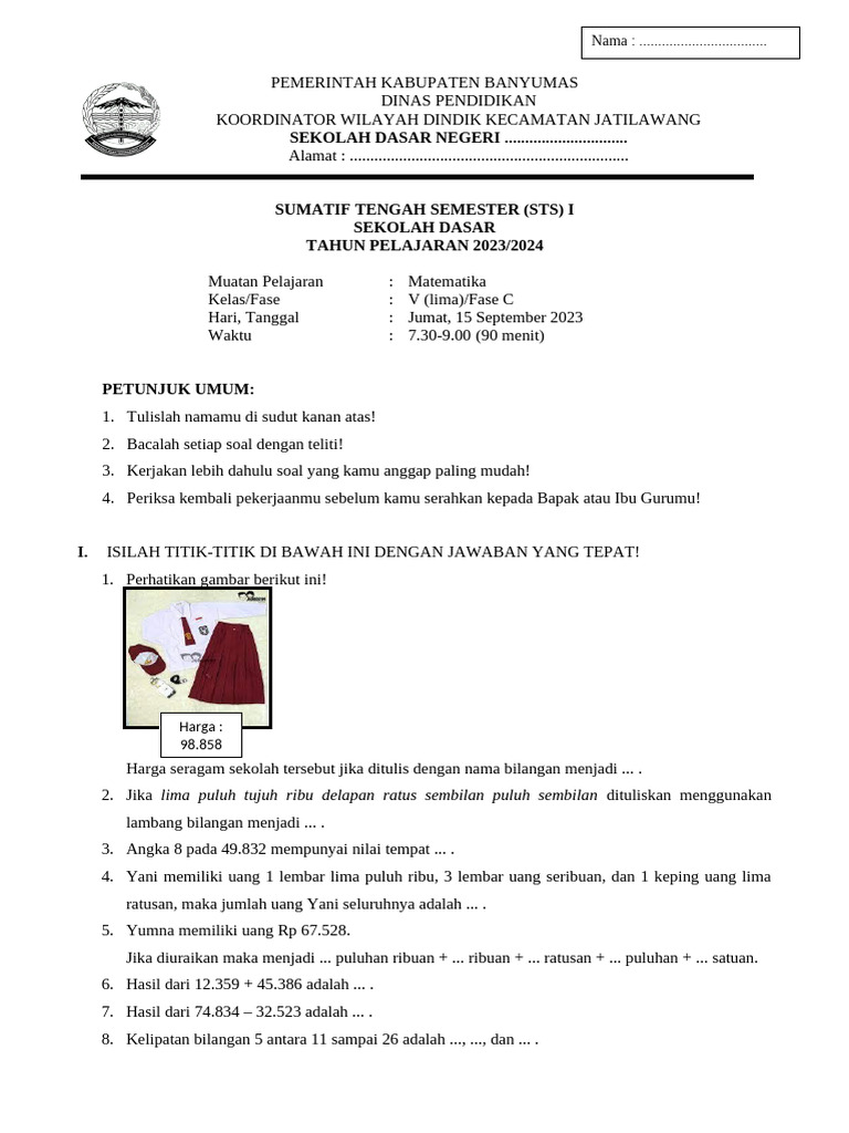 Soal STS 1 MTK Kelas 5 | PDF