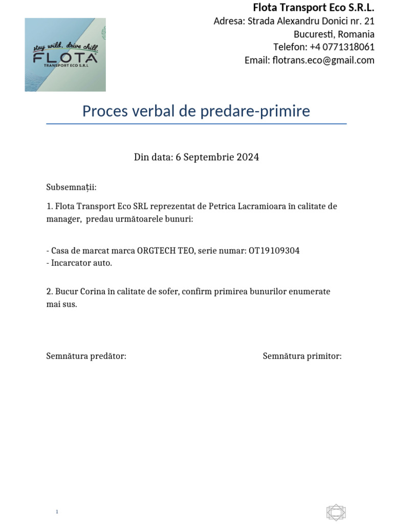 Proces Verbal Predare Primire | PDF