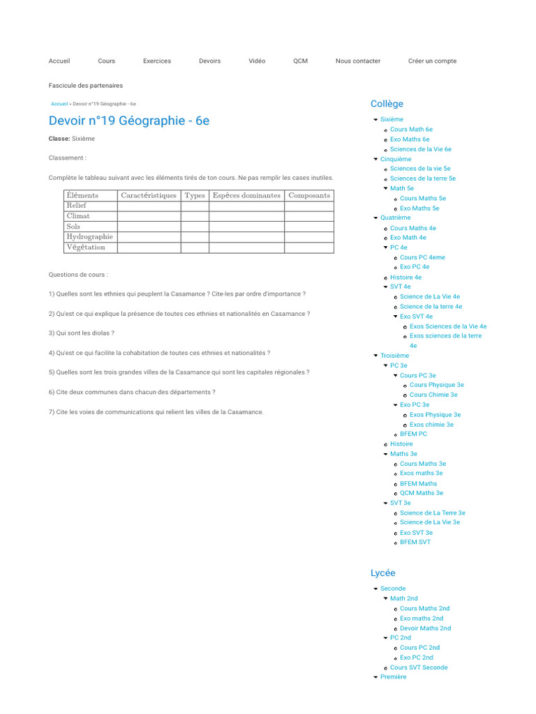Devoir n°19 Géographie - 6e _ sunudaara | PDF