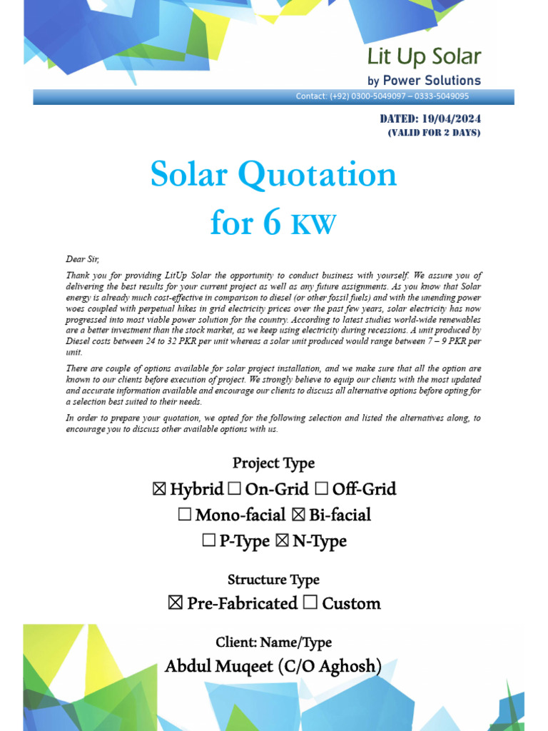 Quotation 6kw A.Muqeet 12P | PDF | Solar Power | Power Inverter