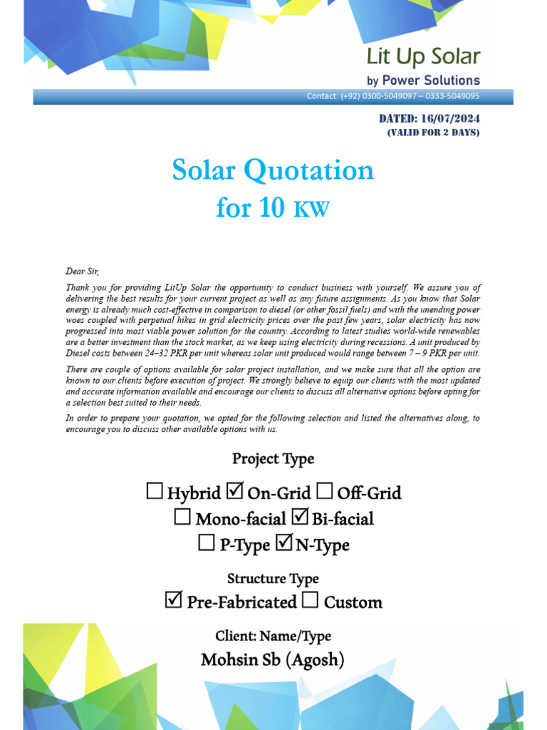 Quotation 10kGo18P L2 0716 | PDF | Solar Panel | Solar Power