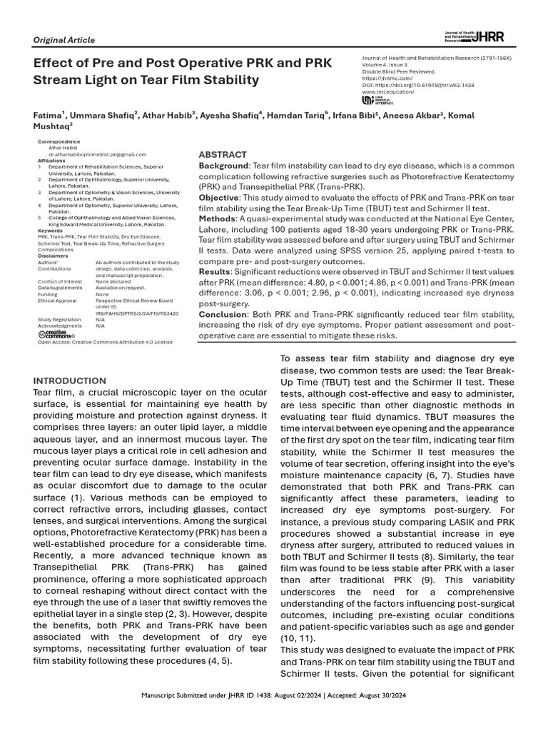 Effect of PRK & Trans PRK Stream Light On Tear Film Stability | PDF