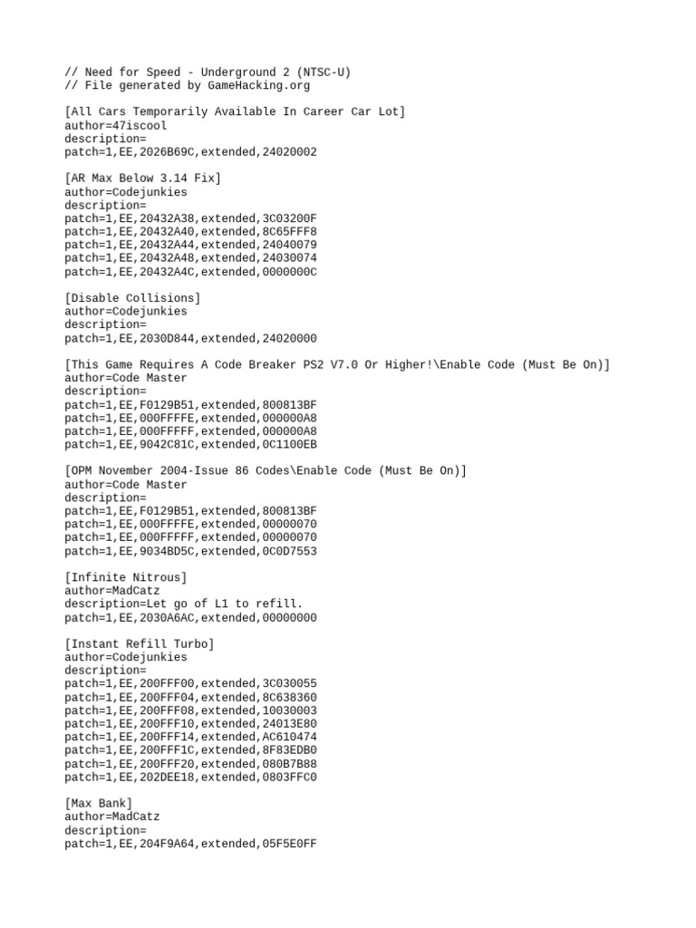Need For Speed - Underground 2.pnach | PDF