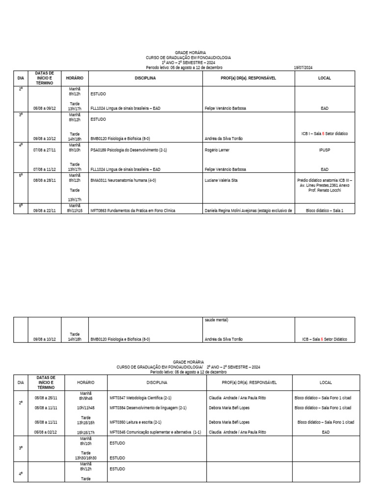 Grade Horária FONO 2o Sem 2024 Atualizada | PDF