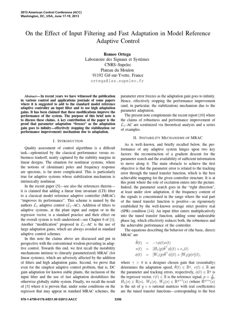 On The Effect of Input Filtering and Fast Adaptation in Model Reference Adaptive Control | PDF