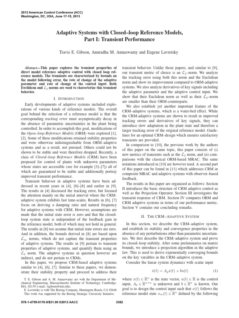 Adaptive Systems With Closed-Loop Reference Models, Part I: Transient ...