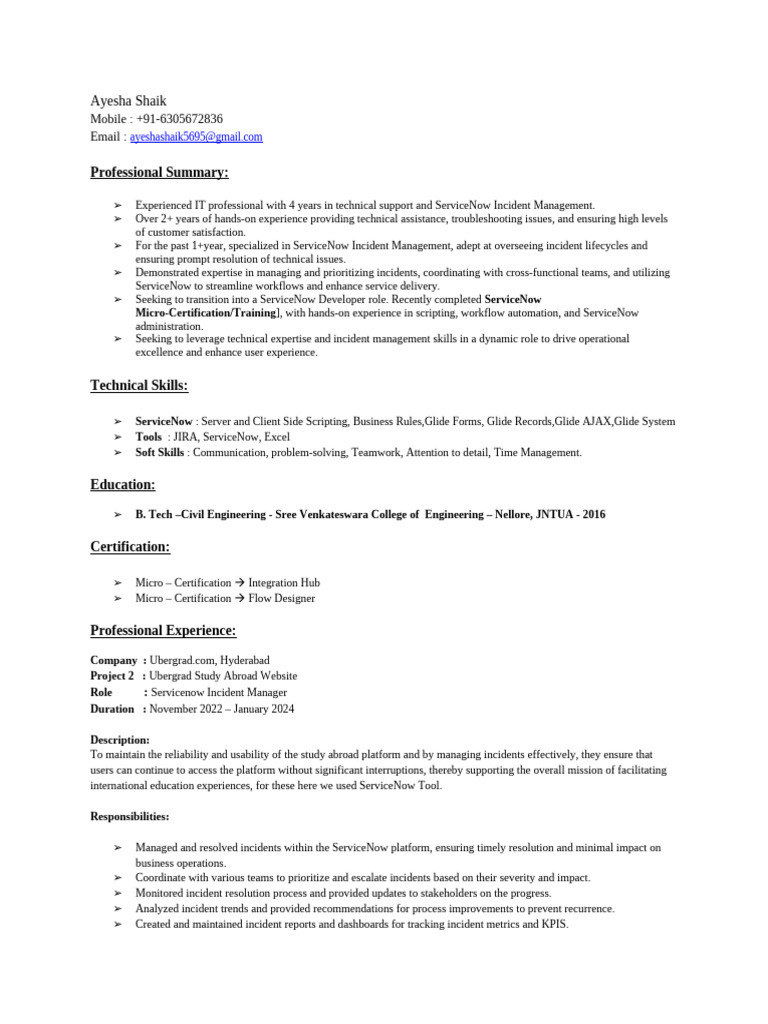 ShaikAyesha - Servicenow Resume | PDF