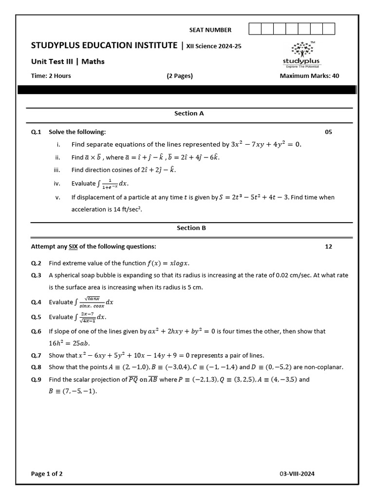 XII UT 3 Maths | PDF