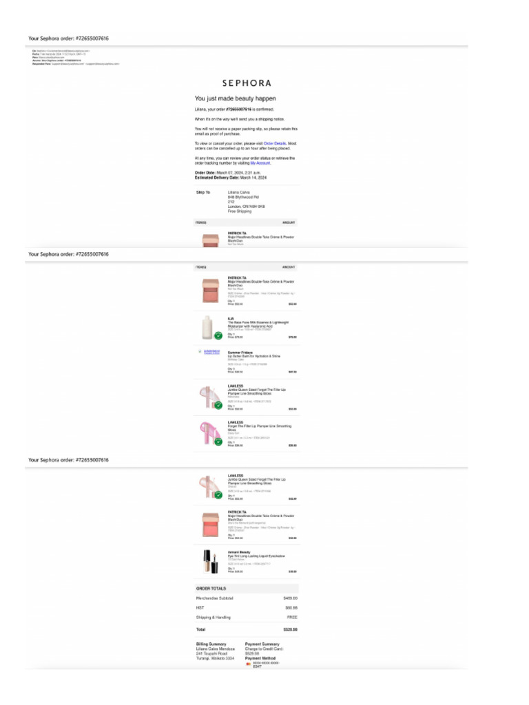 Sephora Order 72655007616 | PDF