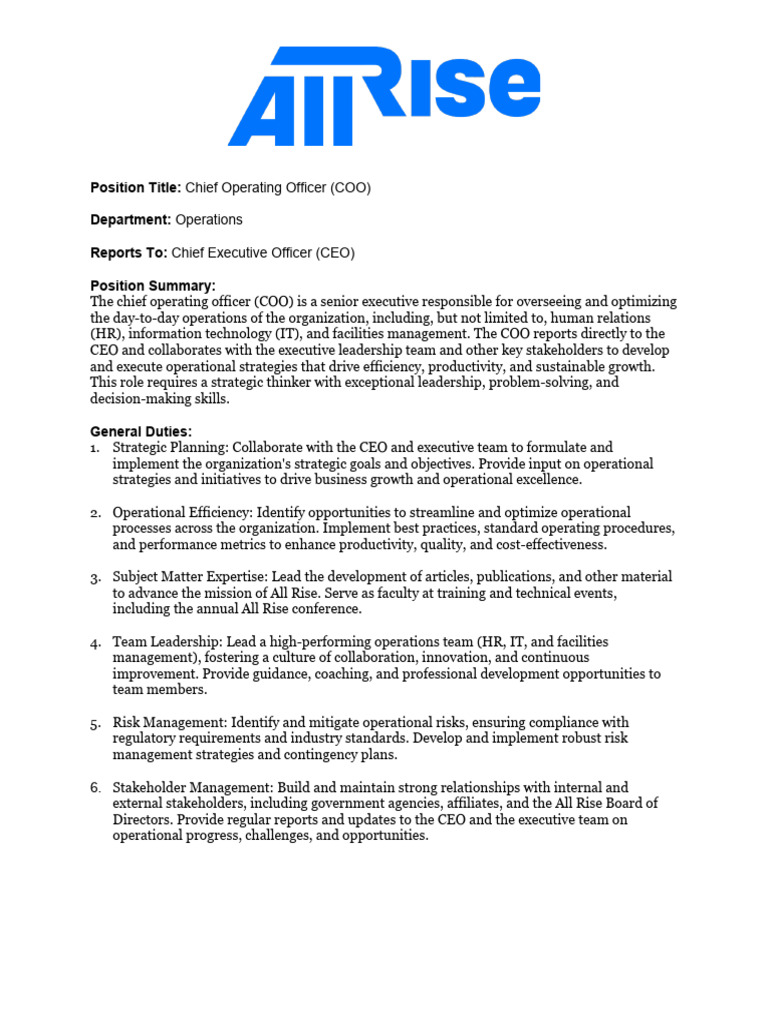 Chief Operating Officer Position Summary | PDF