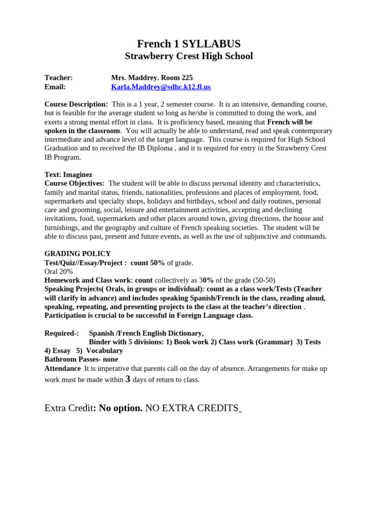 French 1 Syllabus | PDF