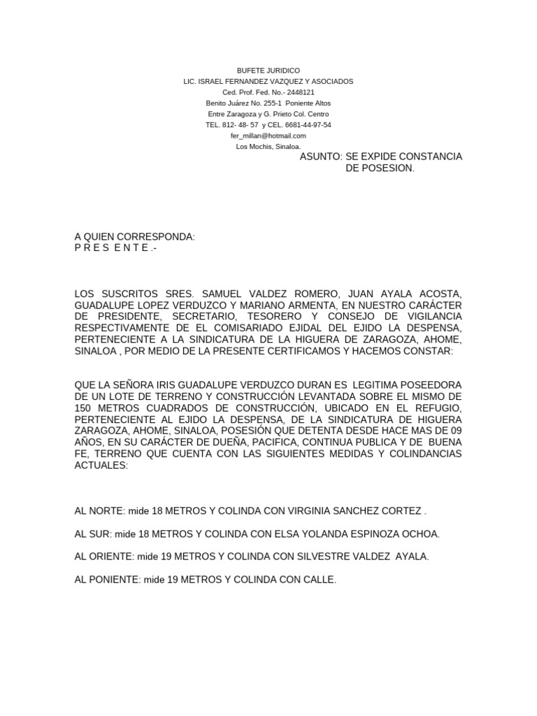 Constancia de Posesion de Solar Ejidal | PDF
