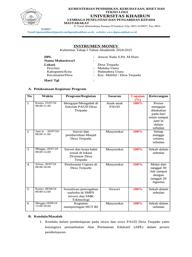 Instrumen Monev Terpadu-1 | PDF
