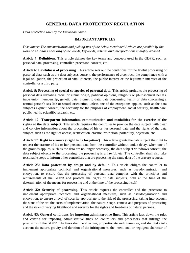 General Data Protection Regulation Important Articles | PDF