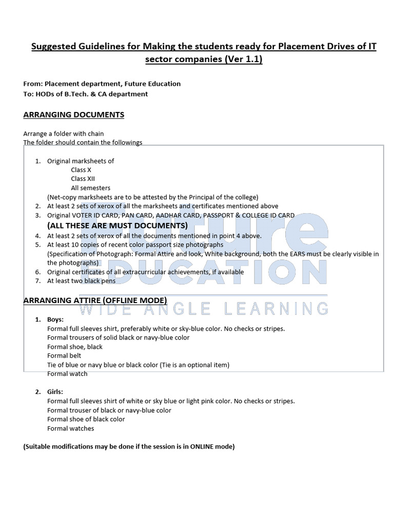 Suggested Guideline For Placement Drives of IT Sector Ver 1.1 | PDF