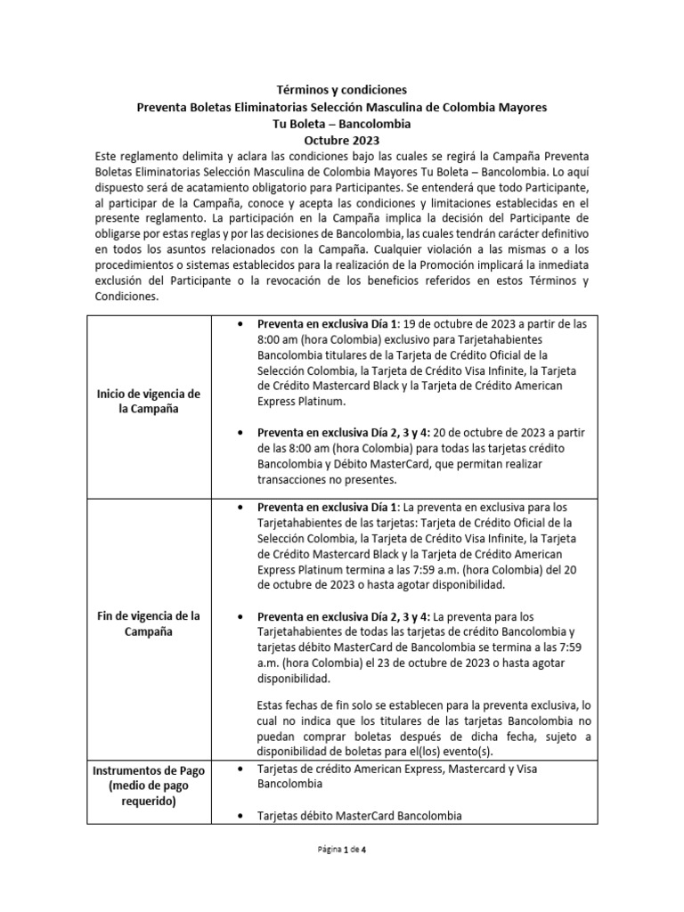 Terminos y Condiciones Preventa COL Vs BRA | PDF