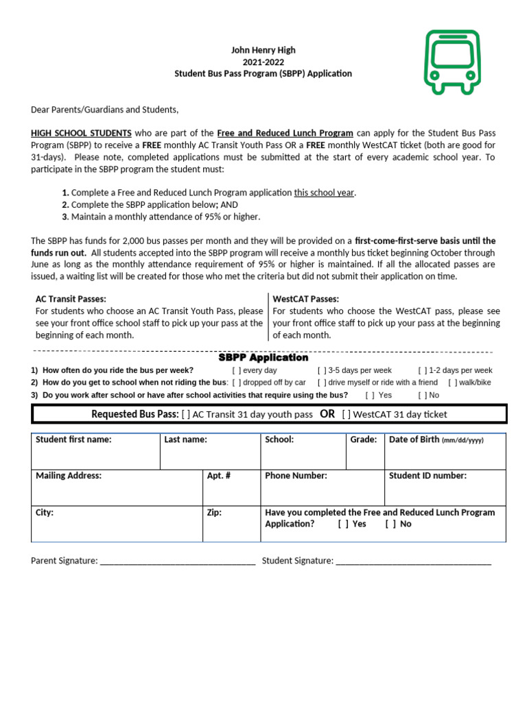 JHHS - Charter Student Bus Pass Program Application 21-22 | PDF