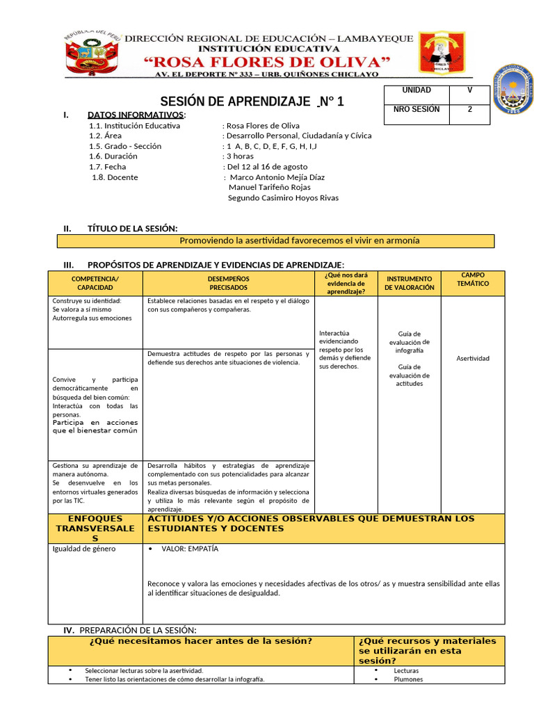 Sesión de Aprendizaje N°02 Asertividad | PDF | Aprendizaje | Evaluación