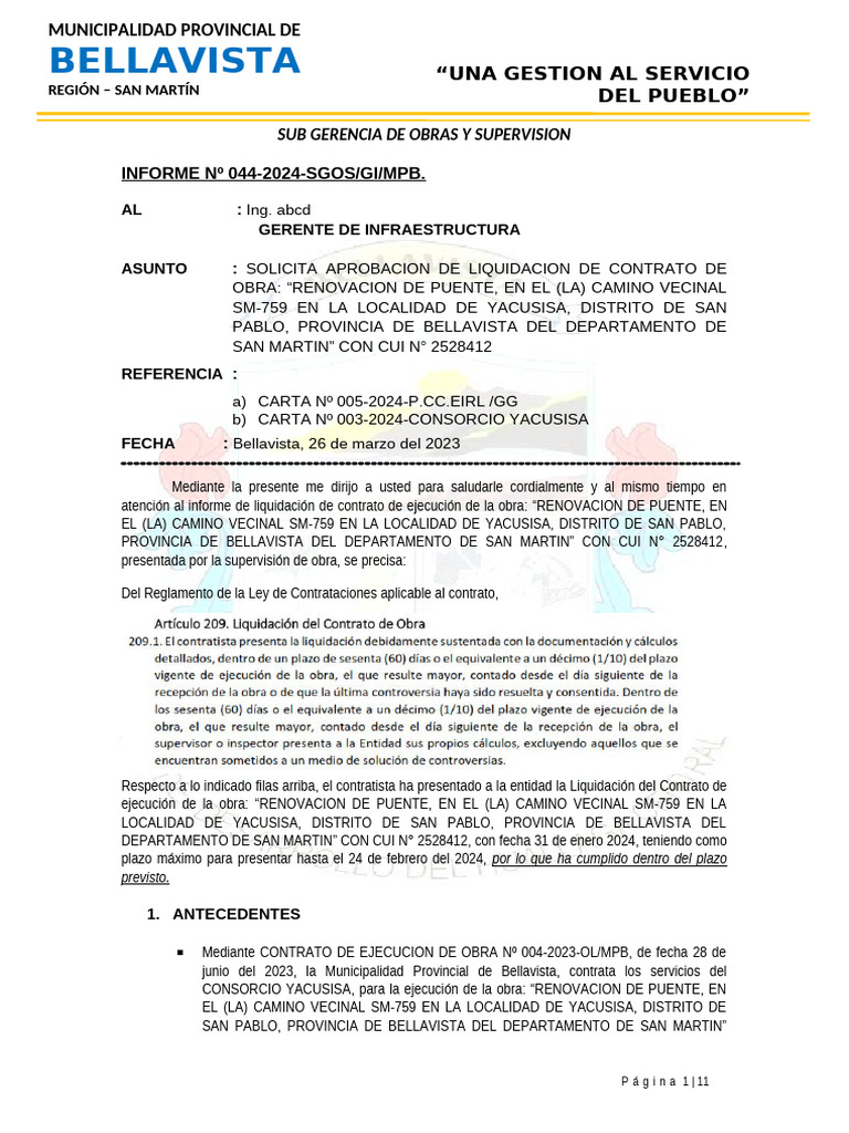 INFORMES N°044-Aprob Liquid de Contrato Yacusisa Final | PDF