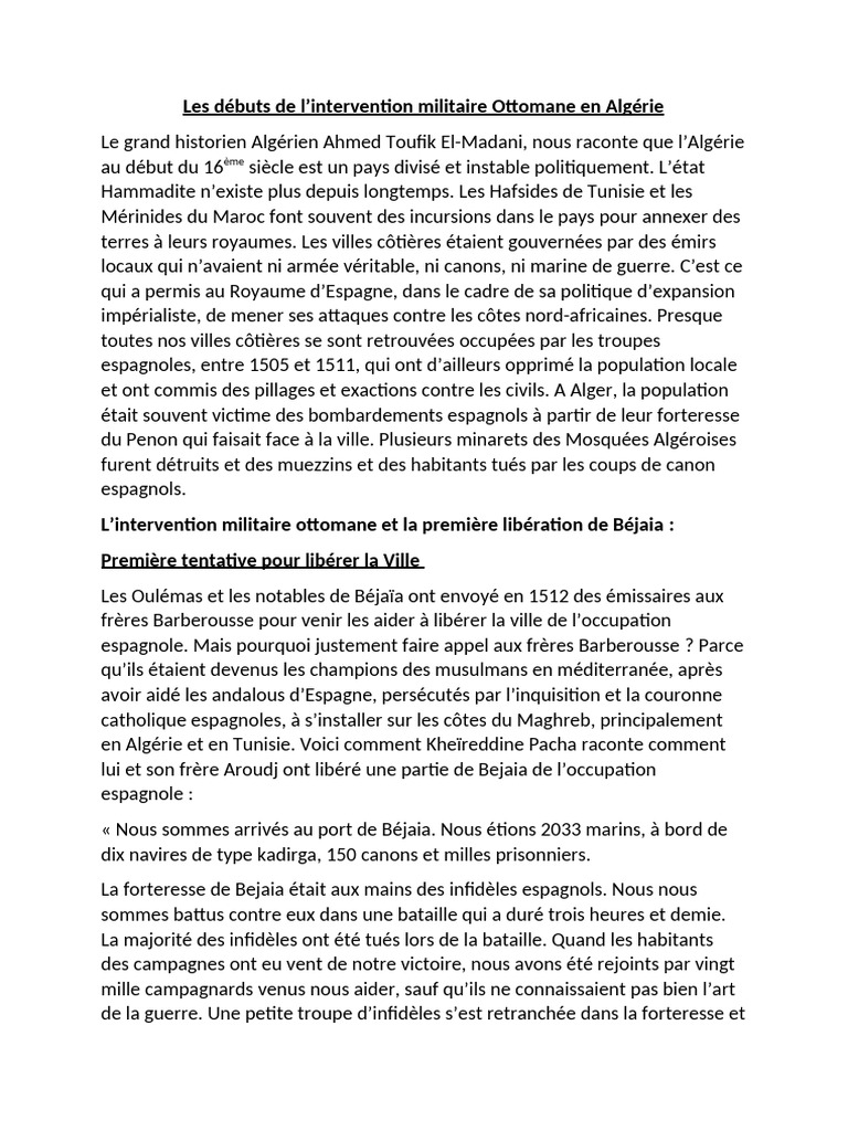 Les Débuts de L'intervention Militaire Ottomane en Algérie Et La ...