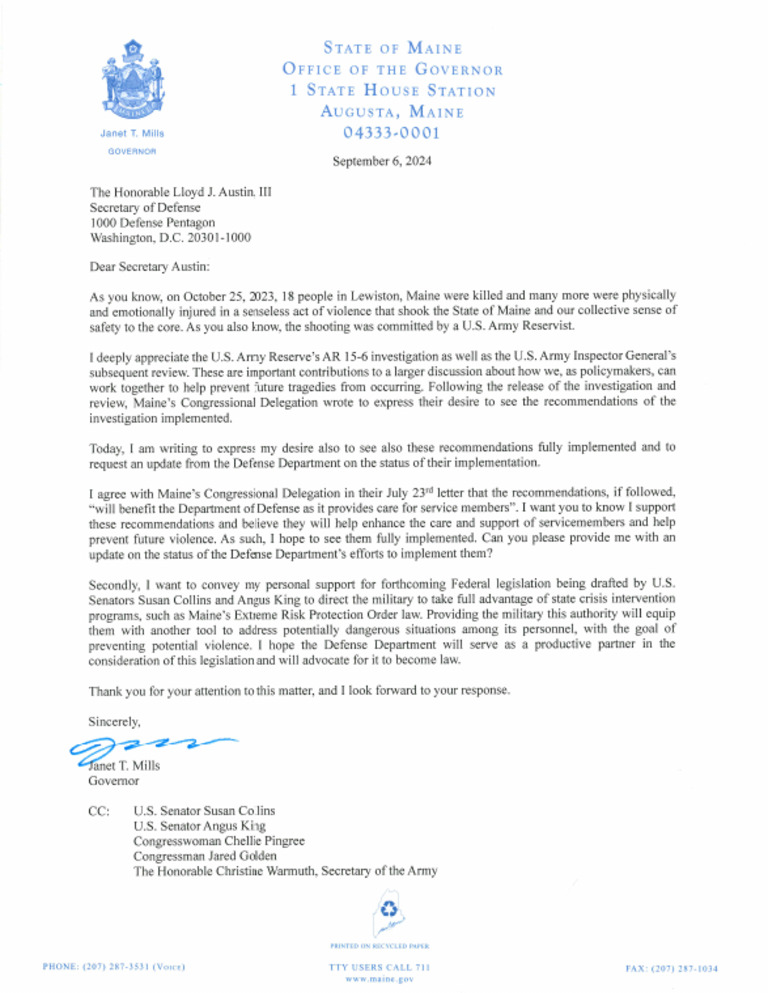 Gov. Janet Mills Writes Letter To U.S. Defense Secretary Lloyd Austin | PDF