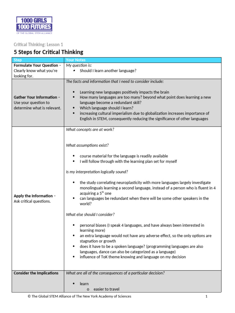 CT 1 - 5 Steps for Critical Thinking Worksheet | PDF