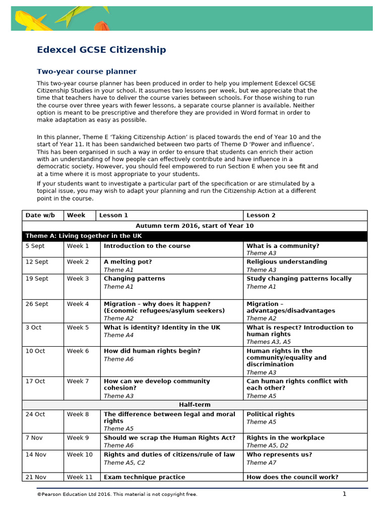 Edexcel GCSE 2016 Citizenship Studies Two Year Planner | PDF