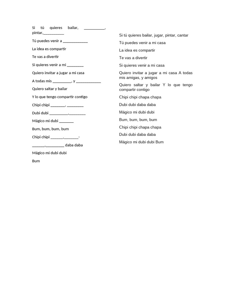 Completar La Cancion Chipi Chipi Chapa Chapa Dubi Dubi Daba Daba | PDF