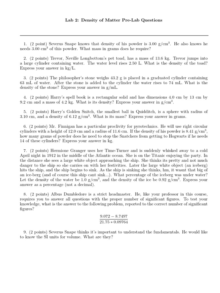 Wizarding Density Lab Prep | PDF | Harry Potter | Home & Garden