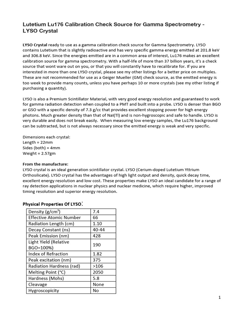 Lutetium Lu176 Calibration Check Source For Gamma Spectrometry | PDF ...