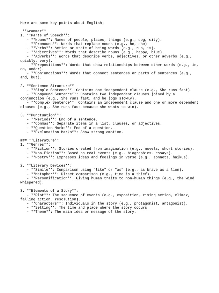 English Notes For Grade 7 | PDF
