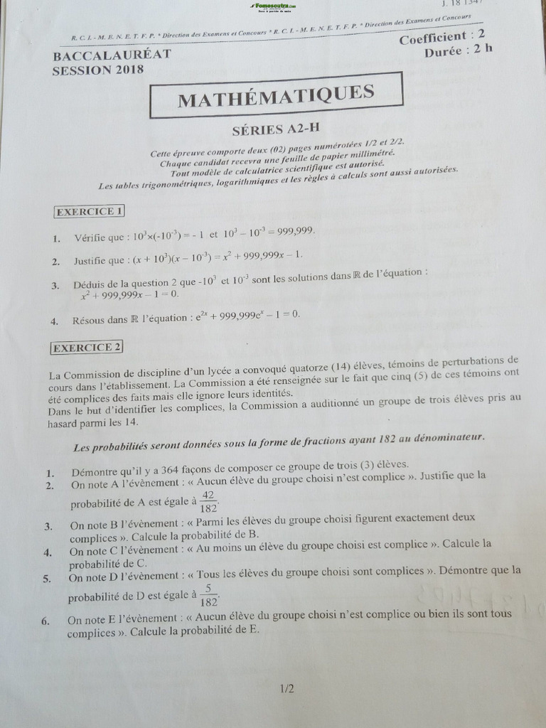 612ba58fb0a34sujet Corrige Et Bareme de Maths Bac A2 Et H 2018 | PDF