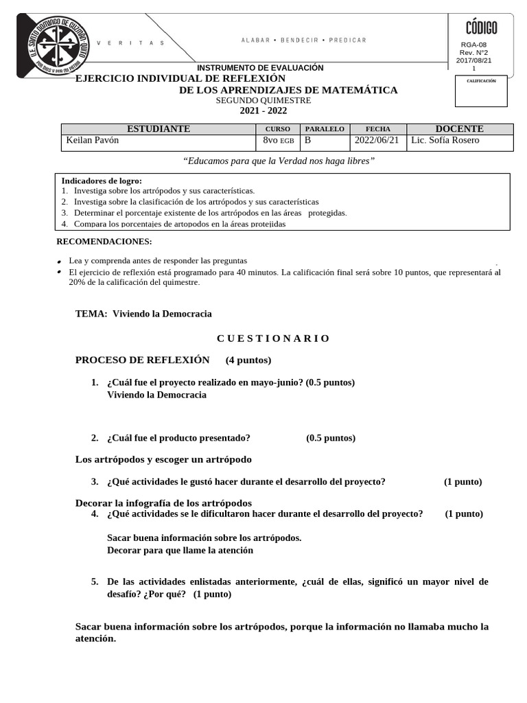 RGA-08 EJERCICIO INDIVIDUAL DE REFLEXIÓN IIQ.8vos Matemática | PDF