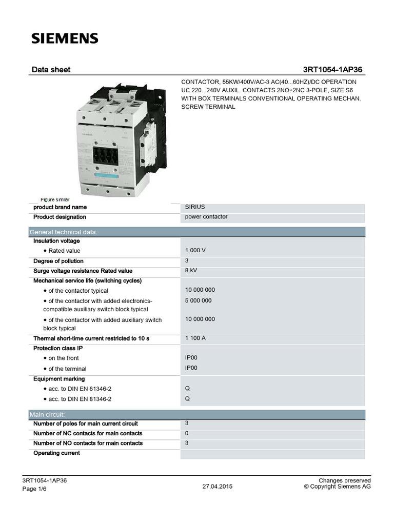 Data Sheet 3RT1054-1AP36 | PDF