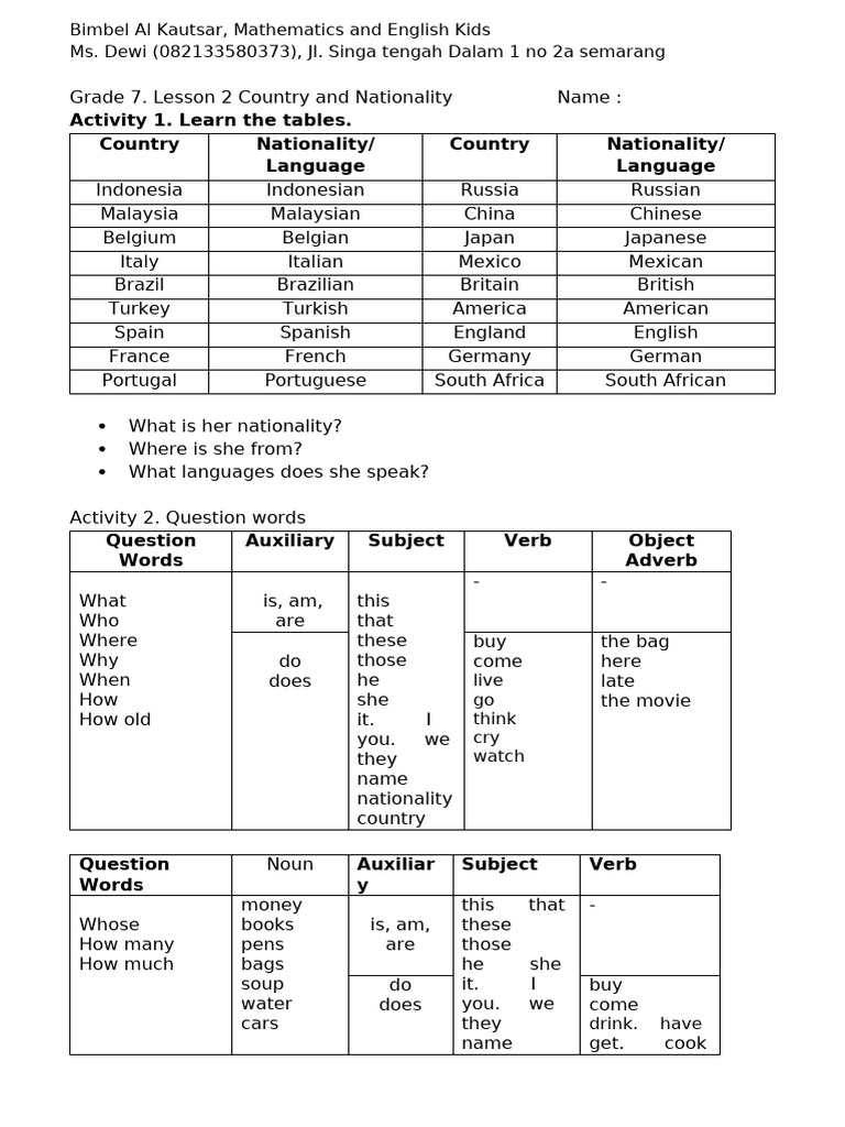 Grade 7 - Lesson 2 question words | PDF