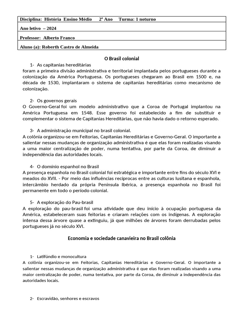 Brasil Colonial - AV1 - 3o Bim-1 | PDF