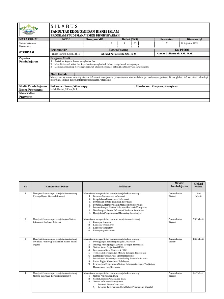Silabus Sistem Informasi Manajemen T.A 2021-2022.febi Uin Raden Intan Lampung | PDF