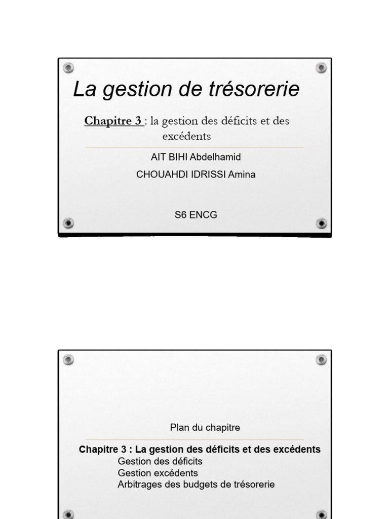 Chapitre 3 Gestion de Trésorerie, Gestion Des Déficits Et Des Excédents ENCG - AIT BIHI | PDF