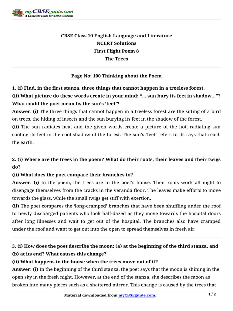 10 English Ncert First Flight Poem Ch08 The Trees Ques | PDF