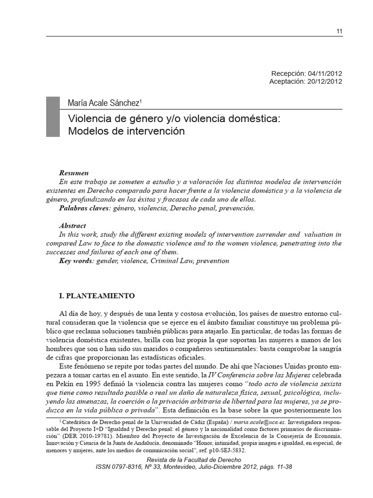 REVISTA DE DERECHO. Violencia de Género y o Violencia Doméstica ...