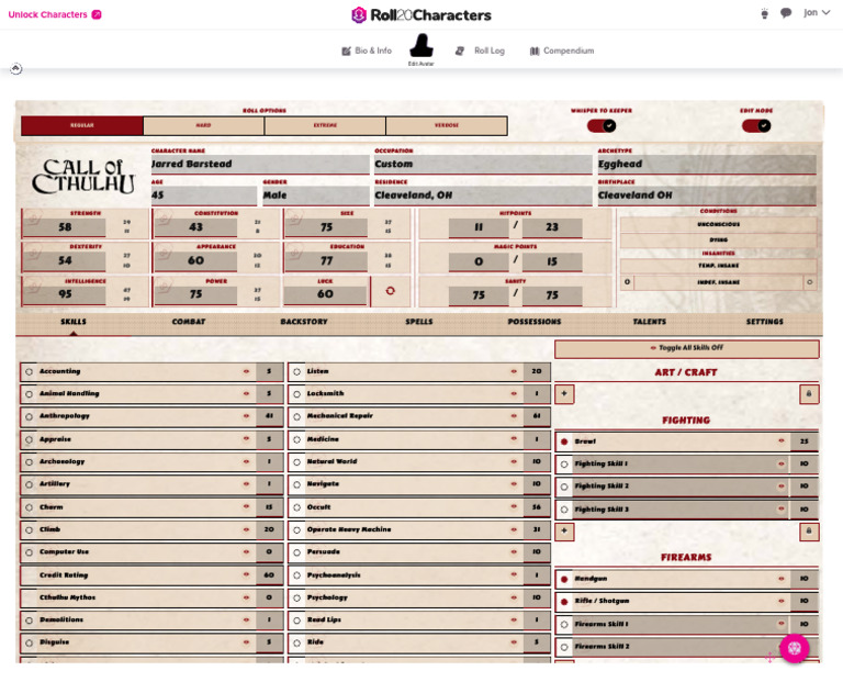 Jarred Barstead - Roll20 Characters | PDF