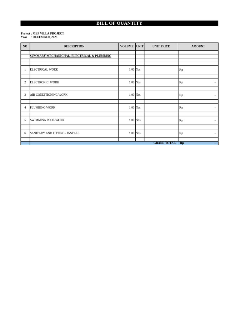 BQ MEP VILLA PROJECT Jasa (Herman) | PDF